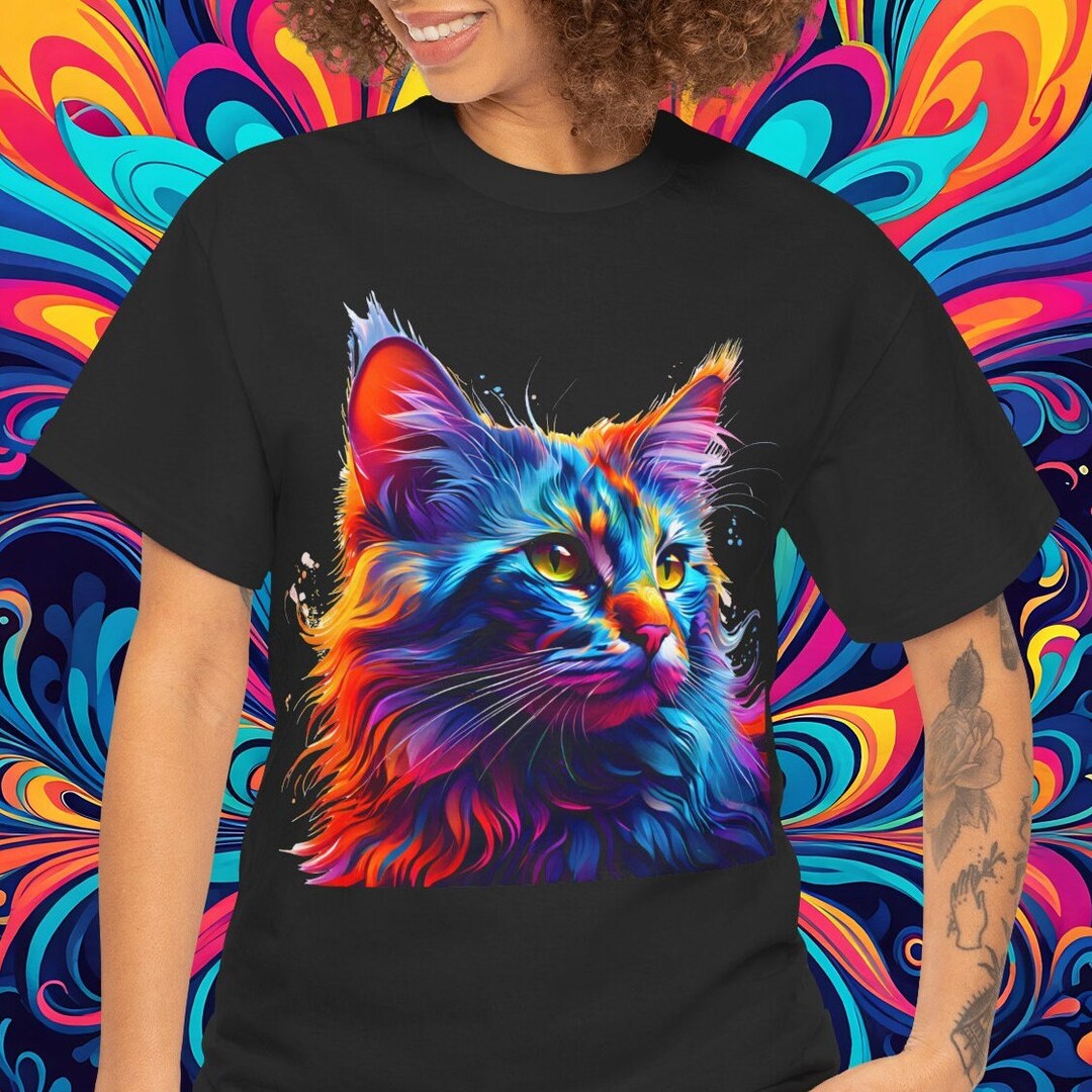 Psychedelic Cat T-shirt: Trippy Neon Art Heavy Cotton Tee - Etsy