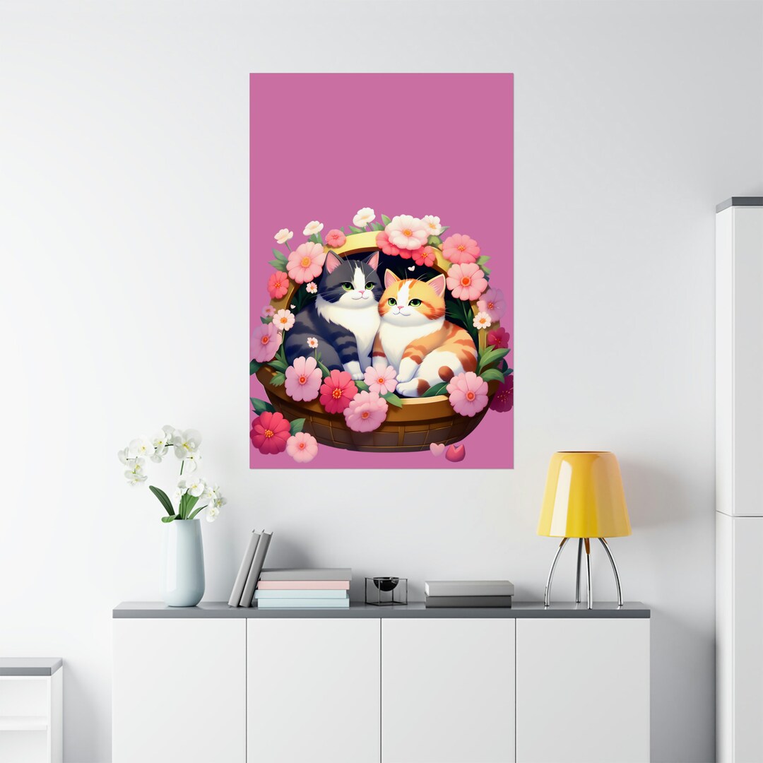 Floral Couple Calico Cat Poster, Valentien's Lovers Heart Print, Pink ...