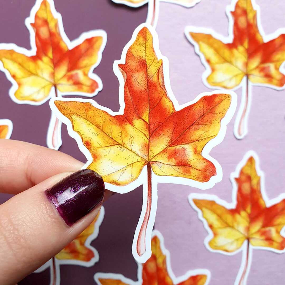 Maple Leaf Sticker Glossy and Holographic, Red and Yellow Autumn Leaves ...