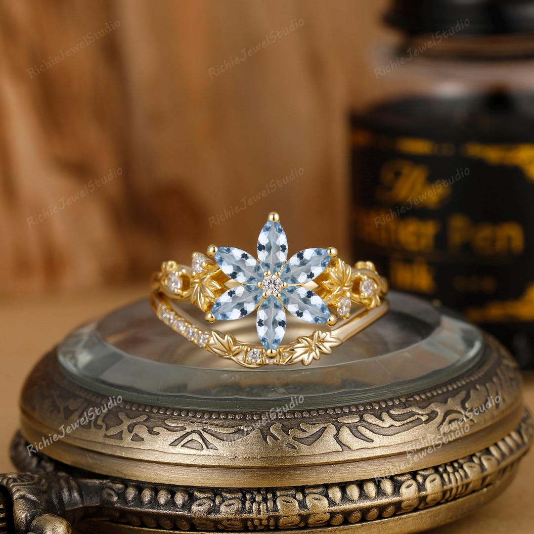 2.5x5mm Handmade Gold Floral Ring Set Aquamarine Ring Blue Gemstone ...