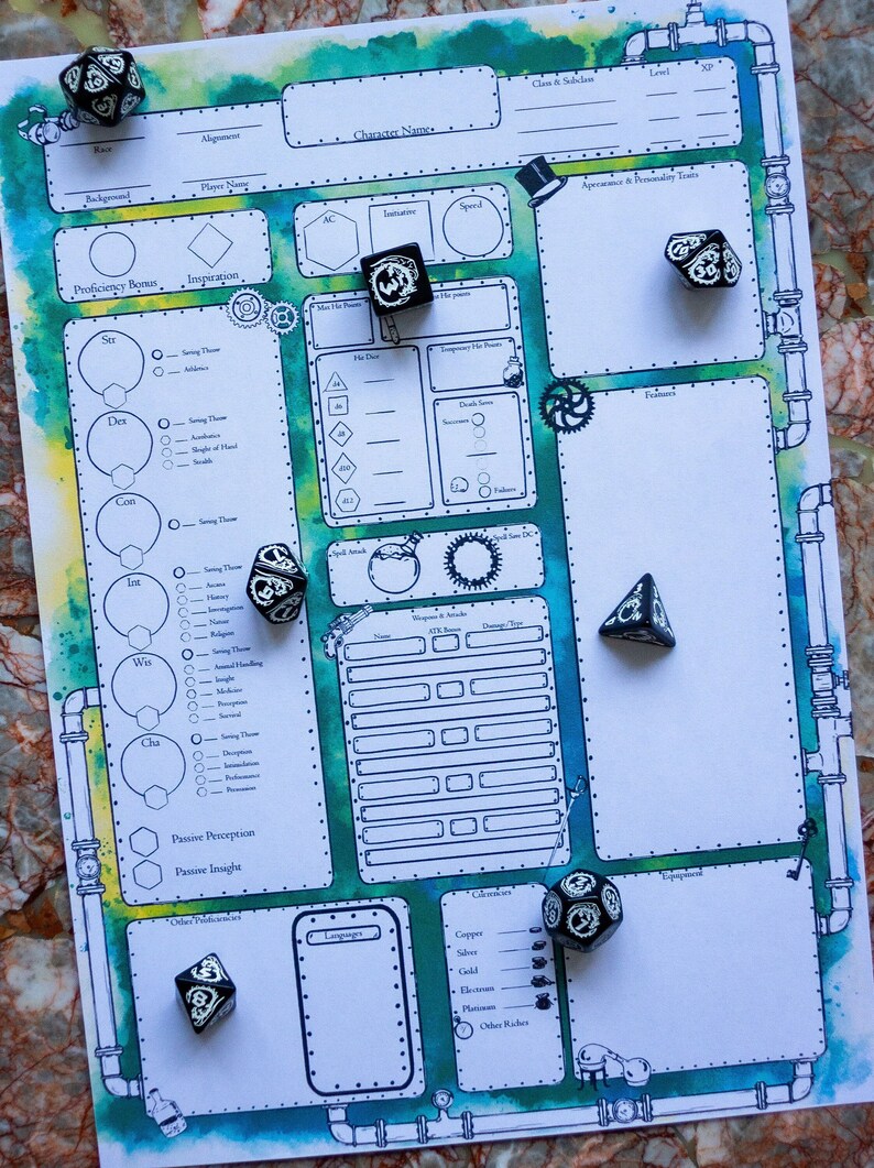 5e Character Sheet Pdf Dnd Artificer Themed Ttrpg Accessory For Dungeons And Dragons Players Dandd