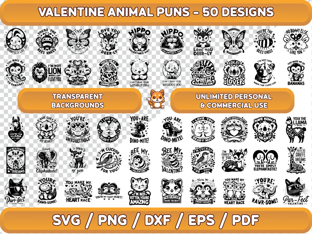 Valentine Animal Pun SVG Bundle: Funny Card Designs (digital Download ...