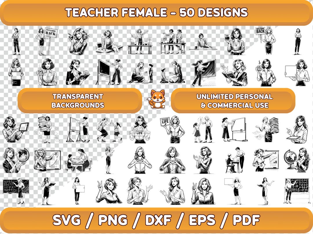 Female Teacher Clipart Bundle: Classroom Decor Graphics (SVG, PNG, PDF ...