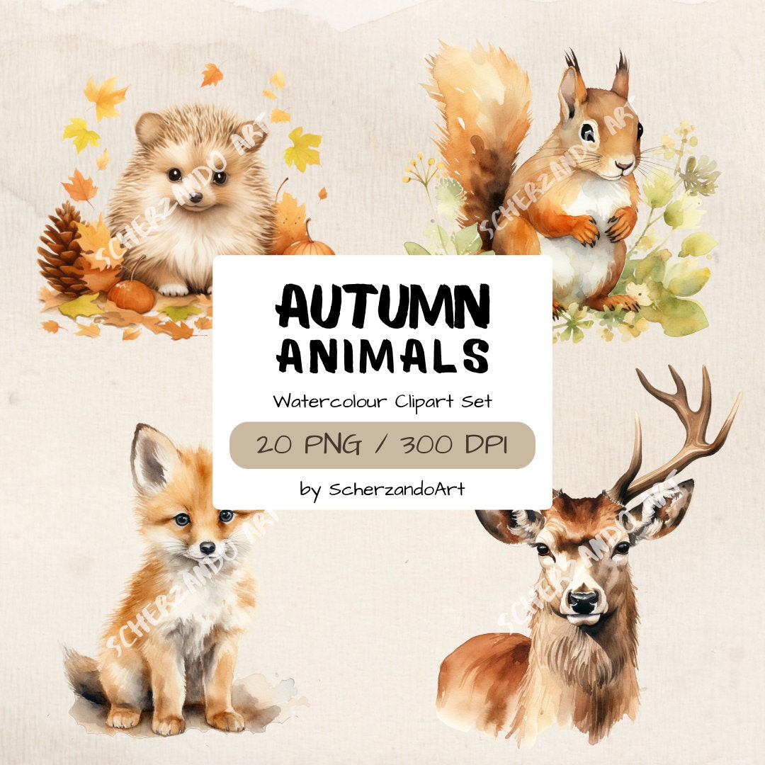 Watercolour Cozy Autumn Animals Clipart Bundle Fall Bundle - Etsy