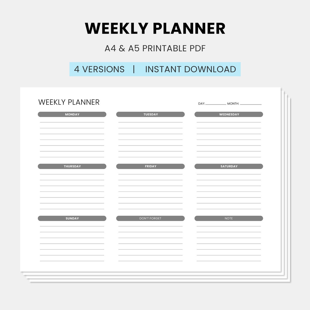 Weekly Planner Printable, to Do List, Minimal Weekly Schedule, Weekly ...