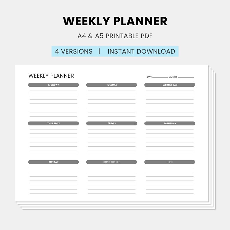Weekly Planner Printable, to Do List, Minimal Weekly Schedule, Weekly ...