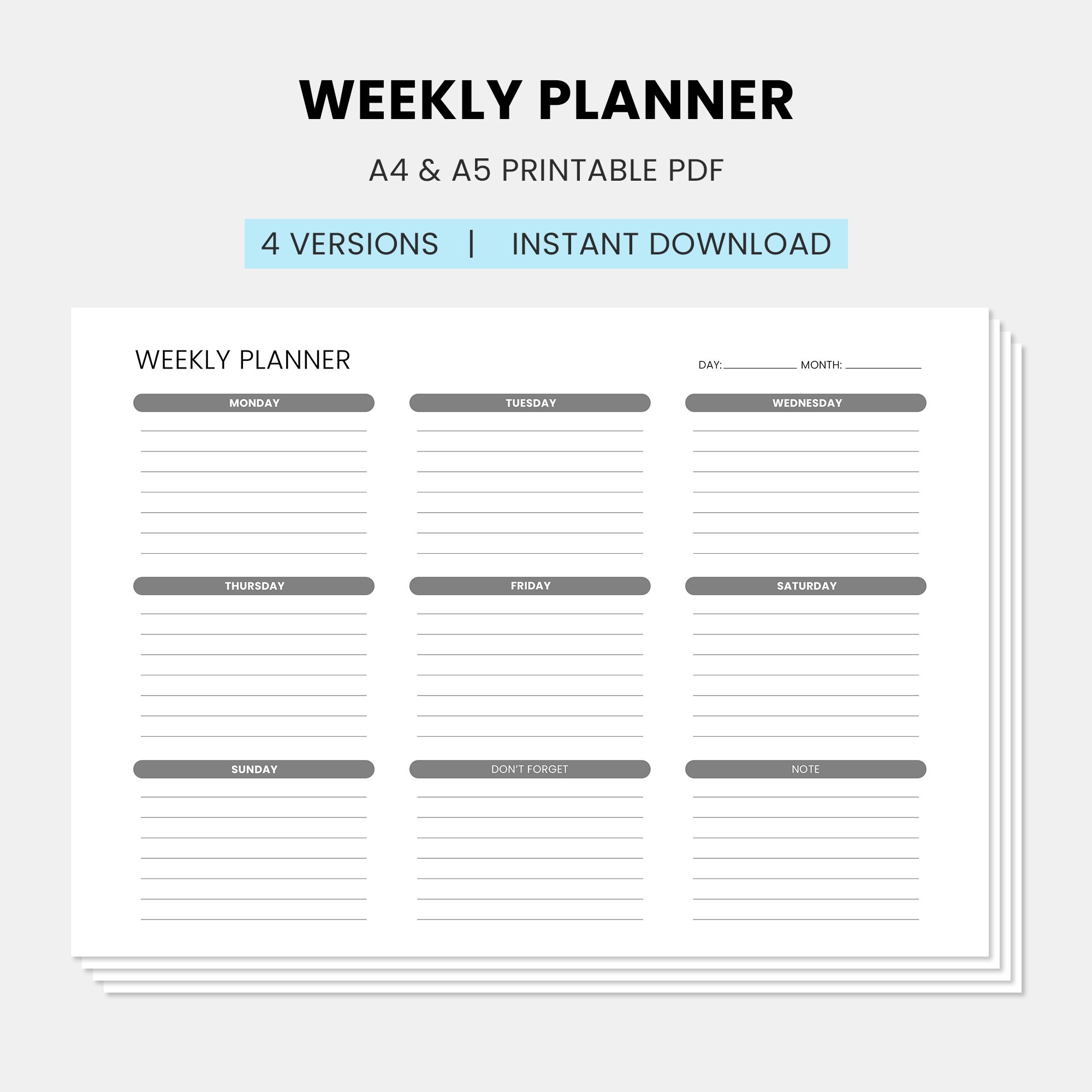 Weekly Planner Printable, to Do List, Minimal Weekly Schedule, Weekly ...