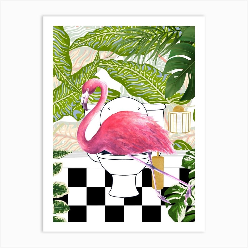 Flamingo on Toilet Funny Animal Bathroom Art Print Poster, Bathroom ...