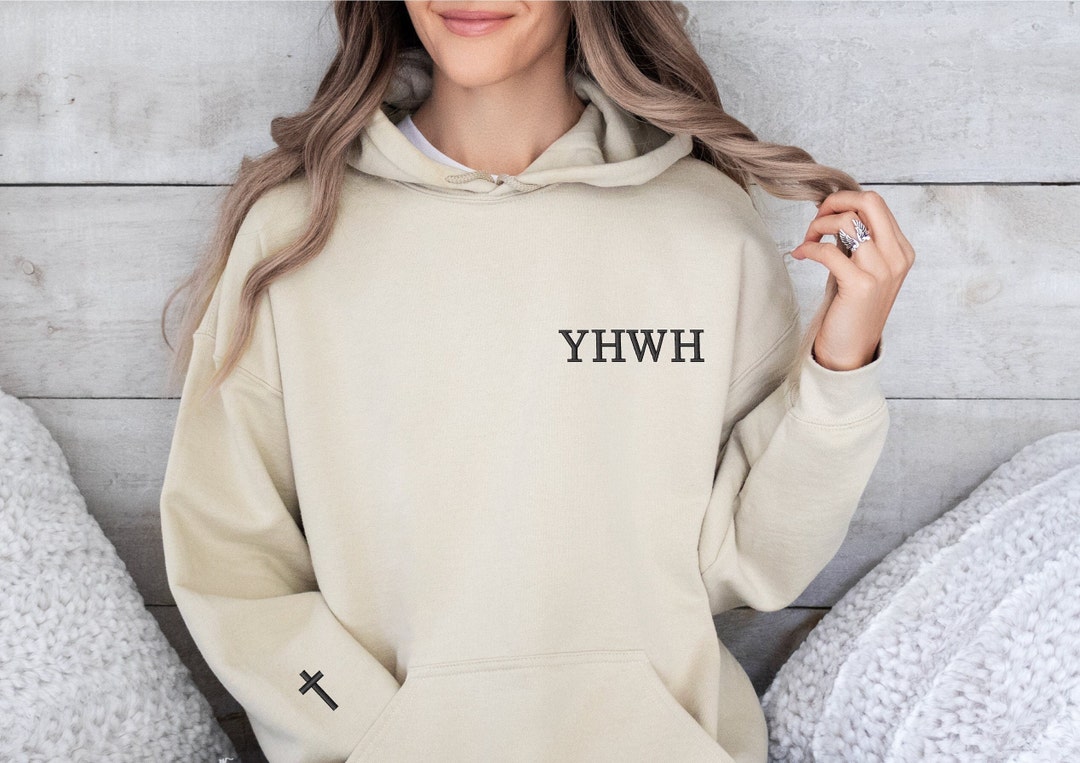 YHWH Hoodie Cross on Sleeve YAHWEH Sweatshirt Christian Gift Baptism ...