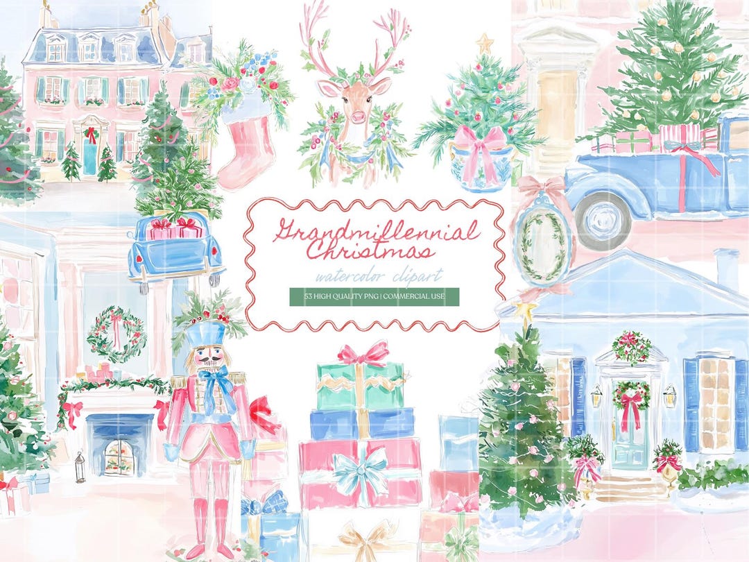 Grandmillennial Christmas Clipart,preppy Watercolor Clipart,chic ...