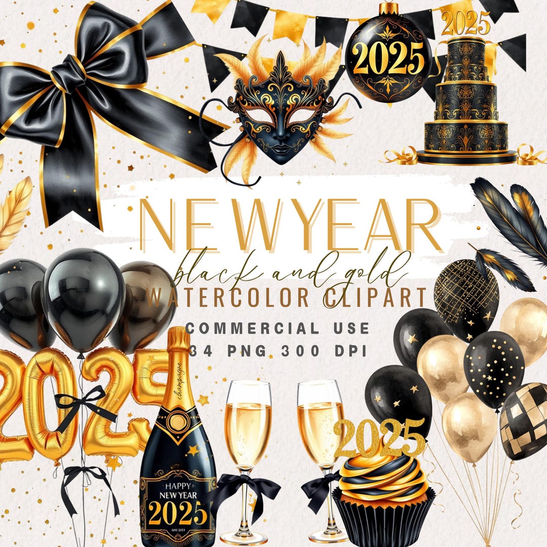 New Year Watercolor Clipart, New Years Eve 2025 Watercolor Bundle ...