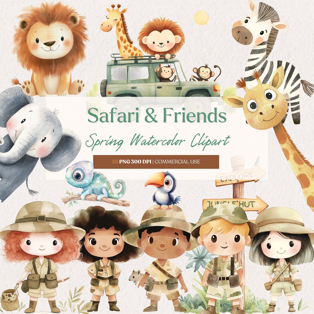 Safari Watercolor Clipart | Jungle Clipart, Zoo, Monkey, Zebra, Chibi ...