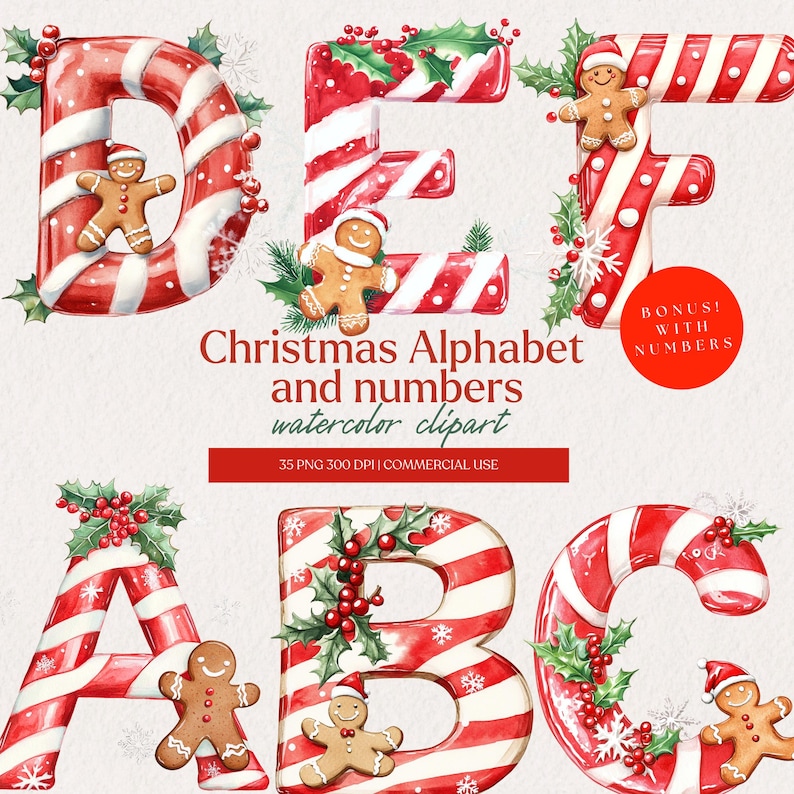 Christmas Alphabet Watercolor Clipart Christmas Letters and Numbers ...