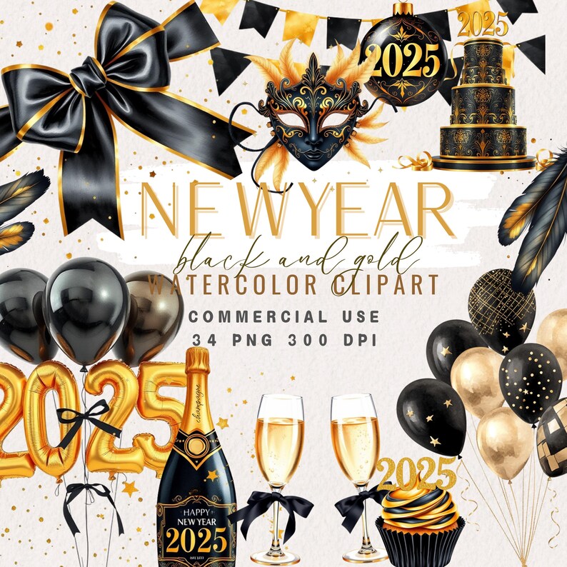 New Years Eve 2025 Watercolor Clipart, Invitation Art, Journals, Black ...
