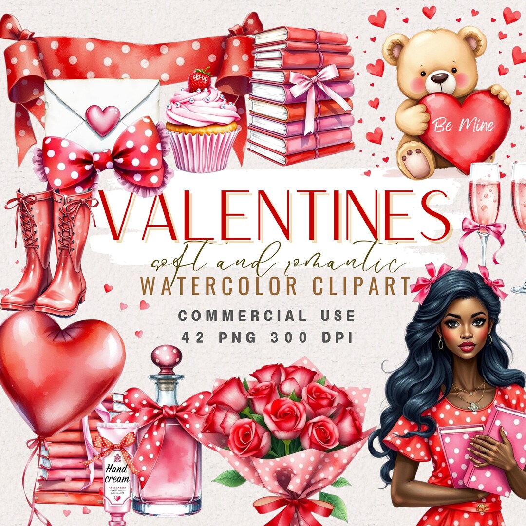 Valentine's Day Clipart Watercolor Style, Polka Dot Bows, Ribbons, PNG ...
