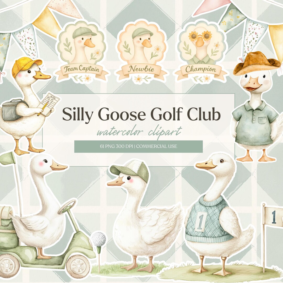 Watercolor Silly Goose Clipart,golf Clipart,golf Club,baby Duck,spring ...