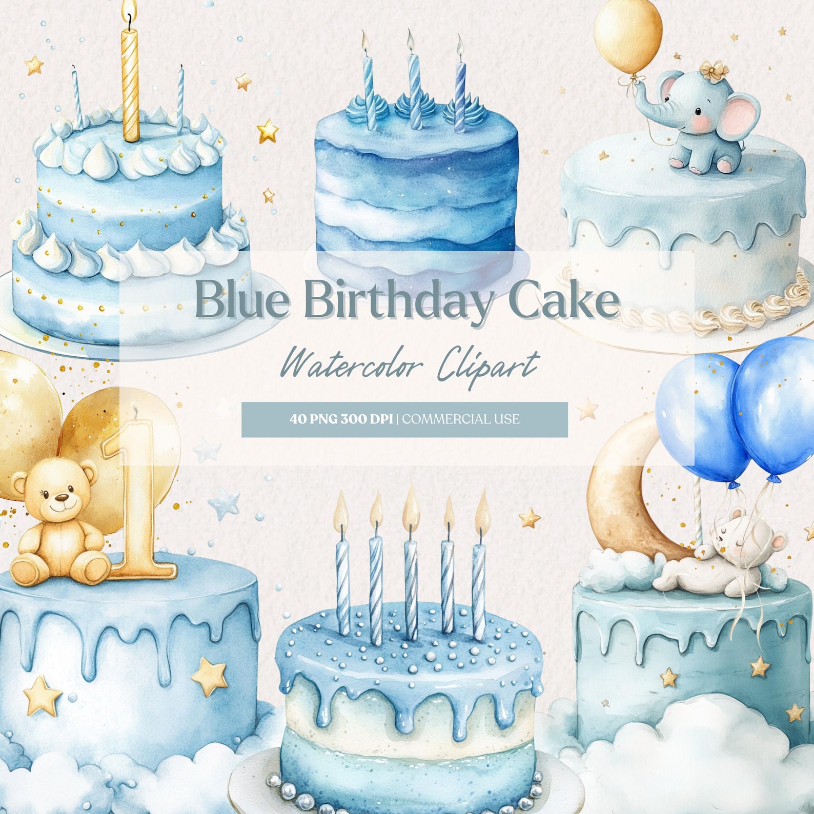 Watercolor Birthday Cake Clipart, Blue Cake, PNG, Digital Stickers ...