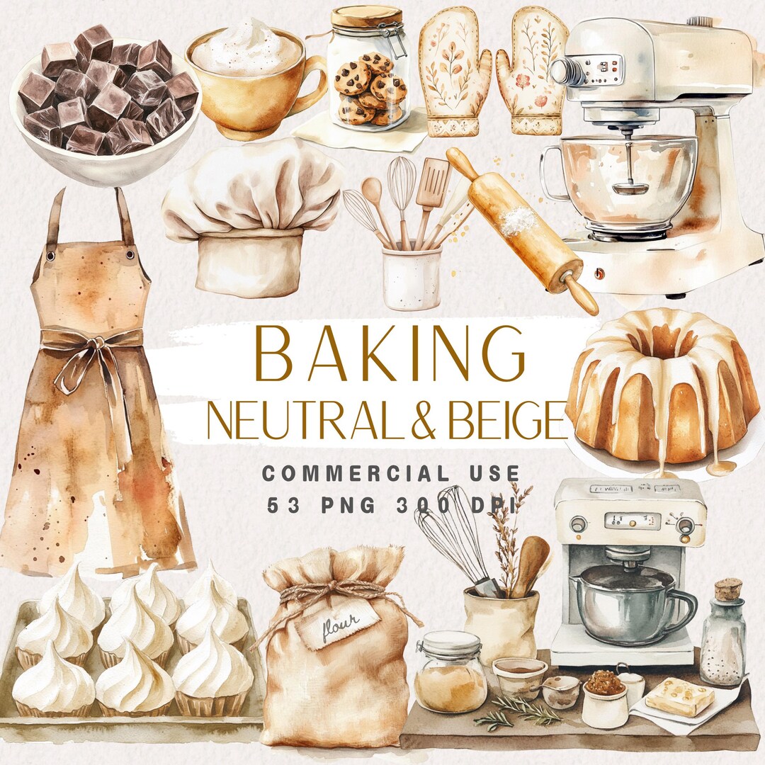 Baking Supplies Clipart, Watercolor Clipart Baking Supplies,cozy Beige ...