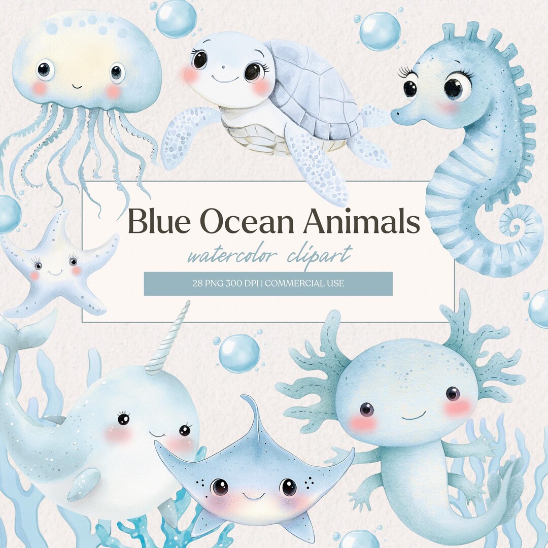 Summer Watercolor Clipart Ocean Animals |under the Sea Clipart| Blue ...
