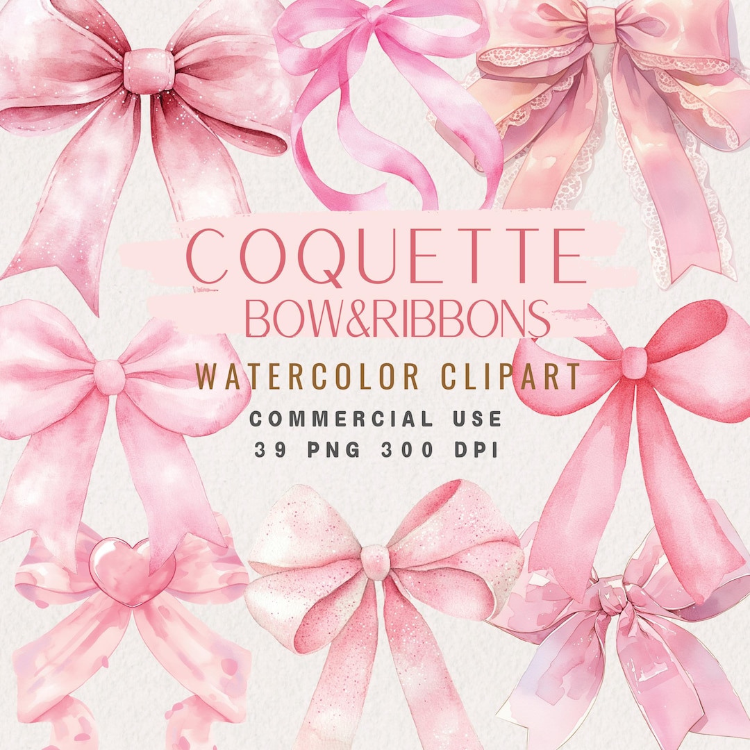 Coquette Bow Clipart Watercolor Style, Pink Bows, Ribbons, PNG, Digital ...