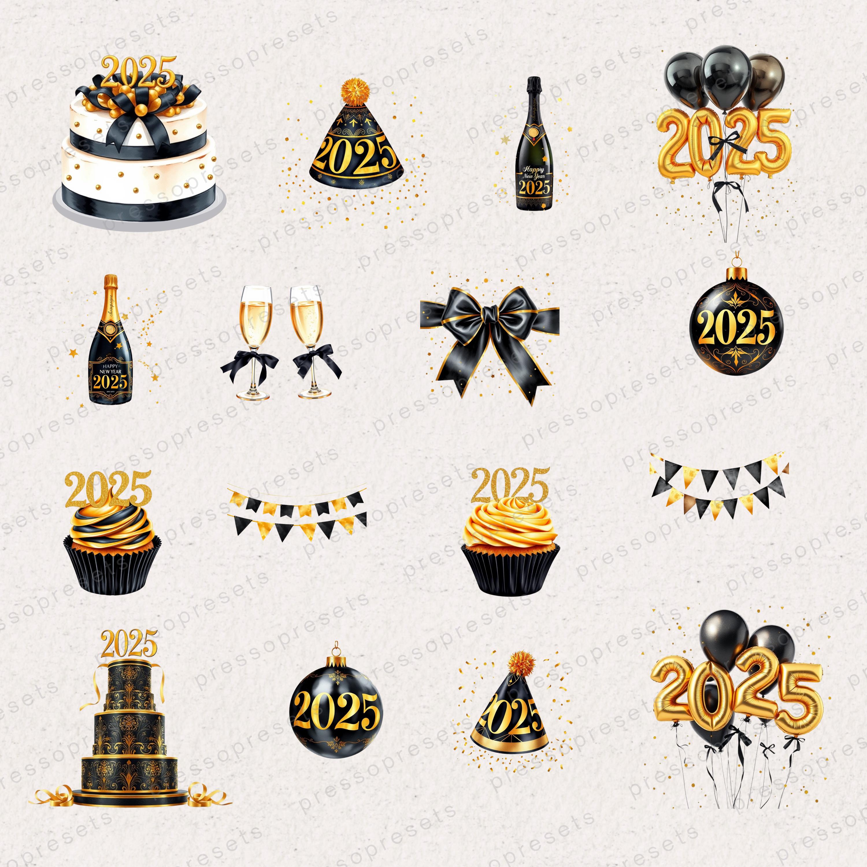 New Years Eve 2025 Watercolor Clipart, Invitation Art, Journals, Black ...