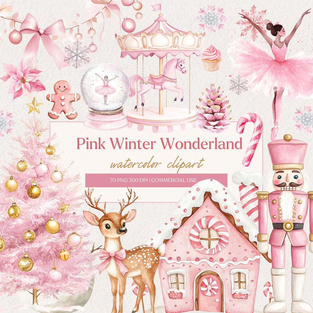 Pink Coquette Christmas Clipart Watercolor Style, Pink Christmas ...