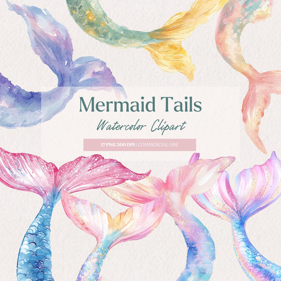 Summer Watercolor Clipart Mermaid Tails | Glittered Mermaid Tail ...