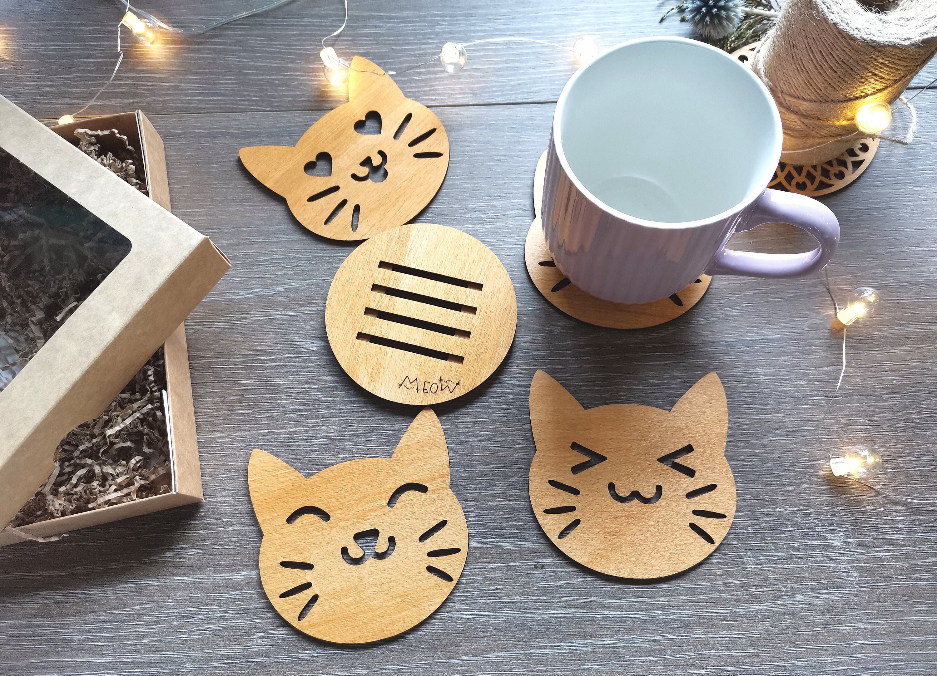Set of 4 Cat Cup Coasters With Holder, Wooden Cup Coasters, Coasters ...