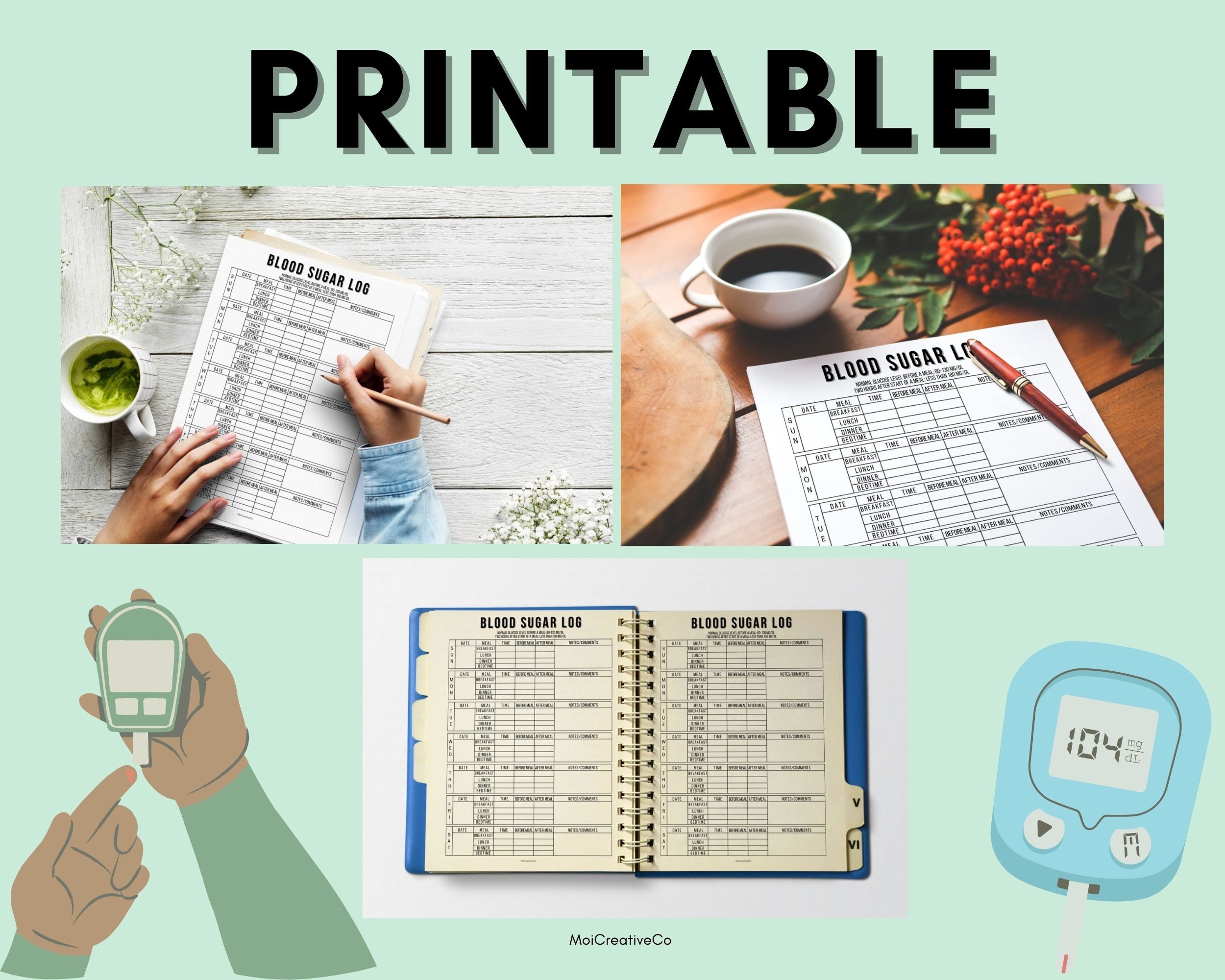 Blood Sugar Log | Diabetes Log | Printable Glucose Log | Daily Glucose ...