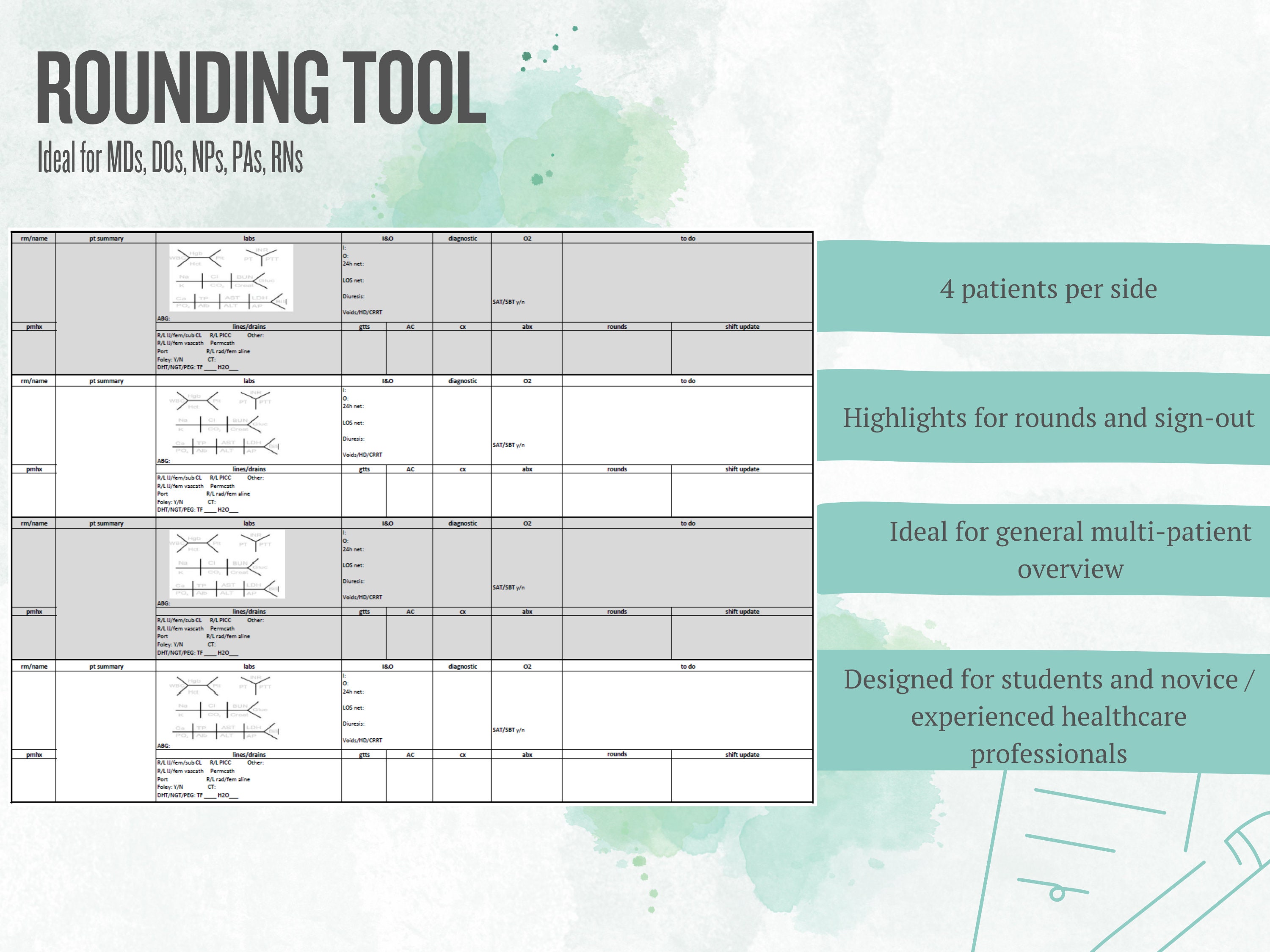 Provider Rounding Tool: 4-patient Horizontal Template (PDF) - Etsy