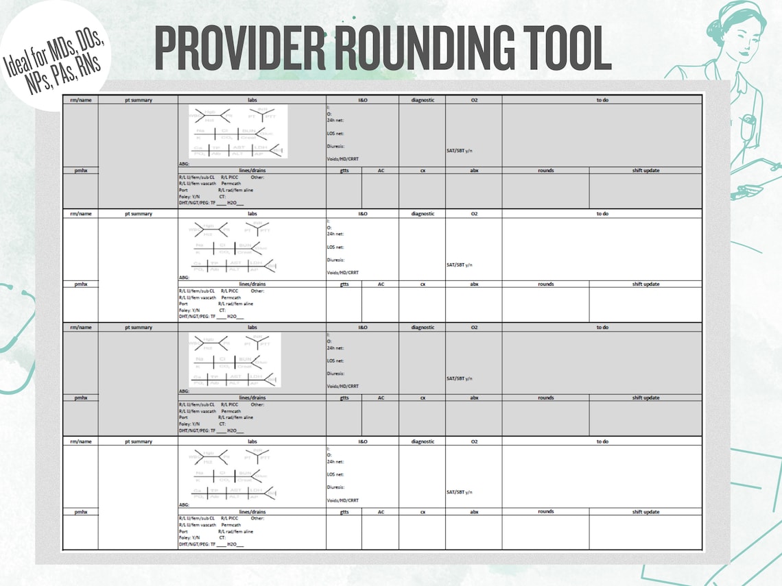 Provider Rounding Tool: 4-patient Horizontal Template (PDF) - Etsy