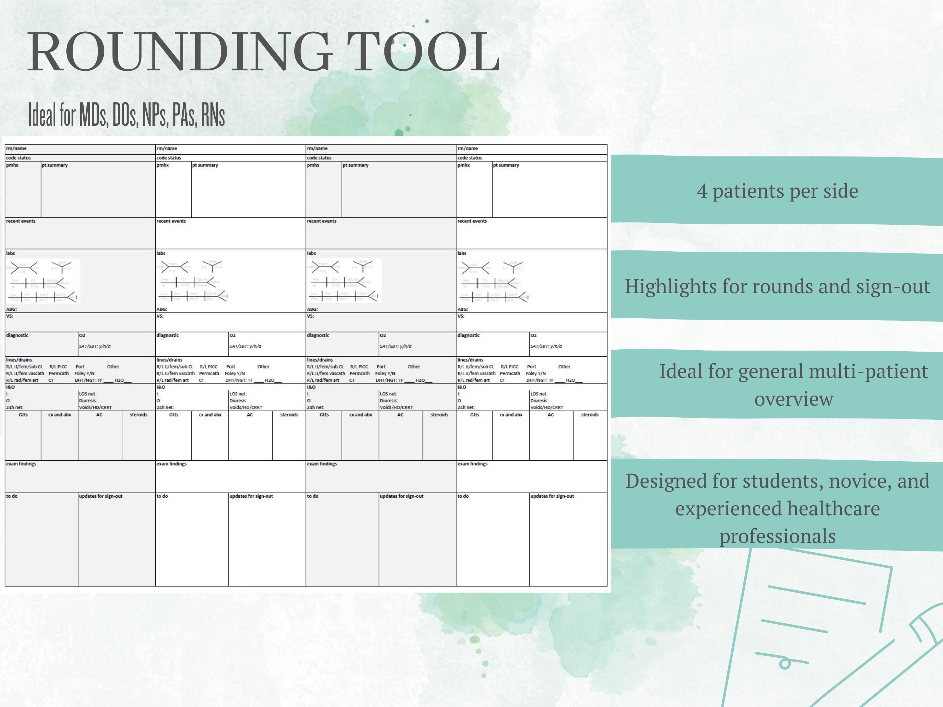 Provider Rounding Tool Vertical Layout for Physician, Nurse Practitioner, Physician Assistant ...