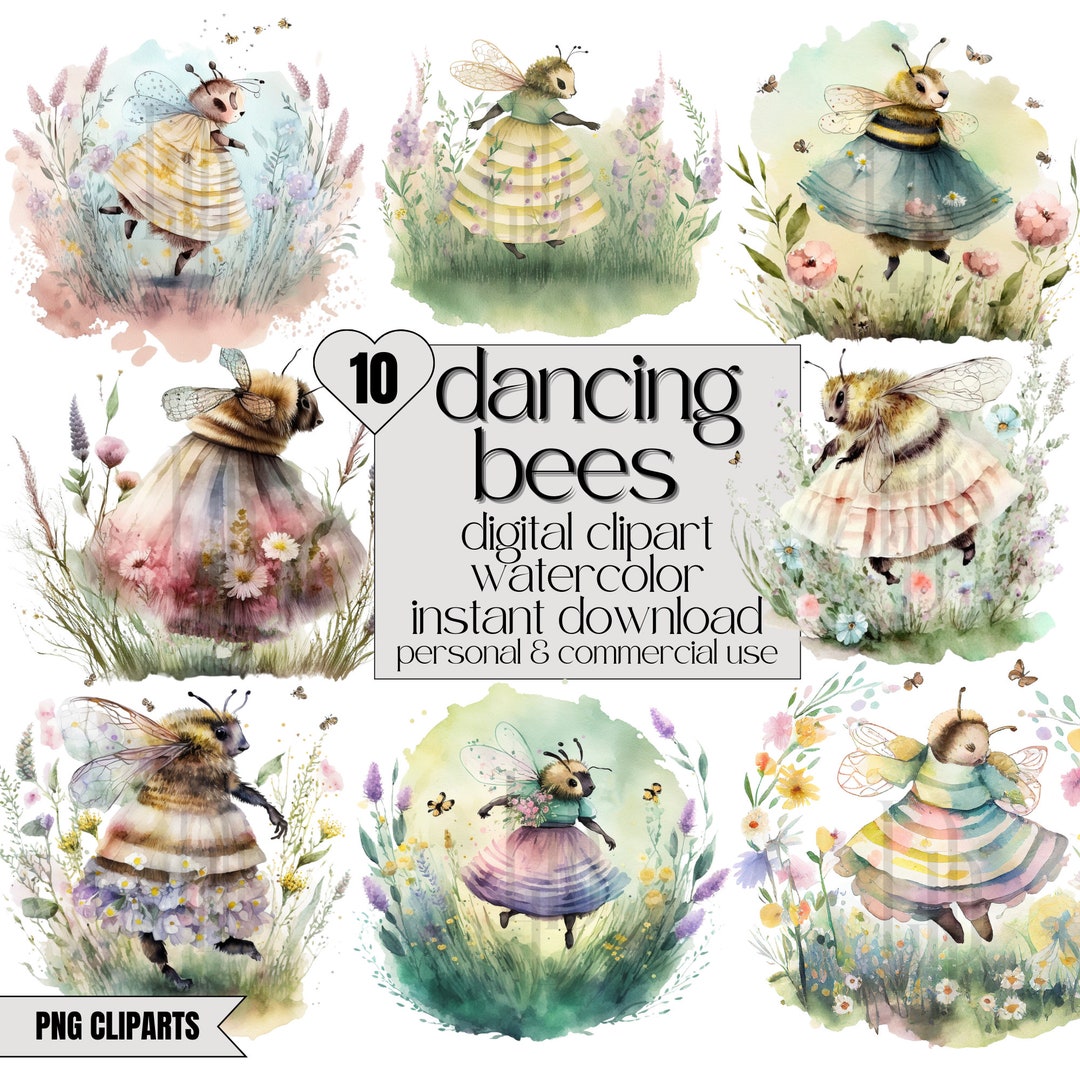 10x Clipart Watercolor Bees Clipart Bees Dancing Clipart - Etsy
