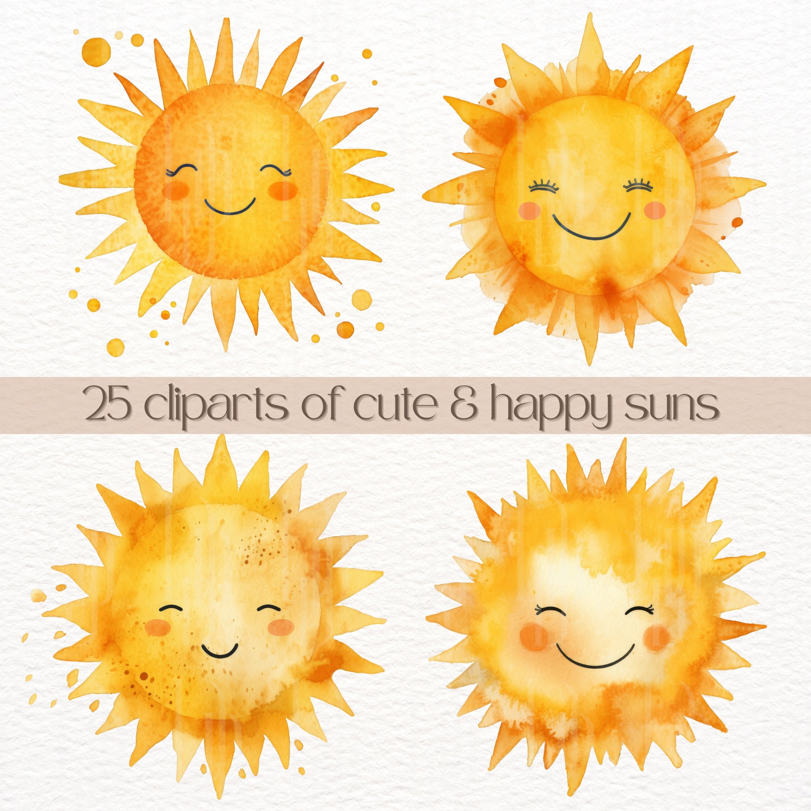 30x Clipart Sun Watercolor Happy Sun Clipart Nursery Sunny Clipart ...