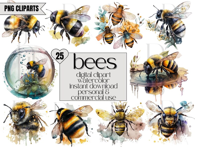 25x Clipart Watercolor Bees Clipart Bumblebee Summer Bee Clipart Honey ...