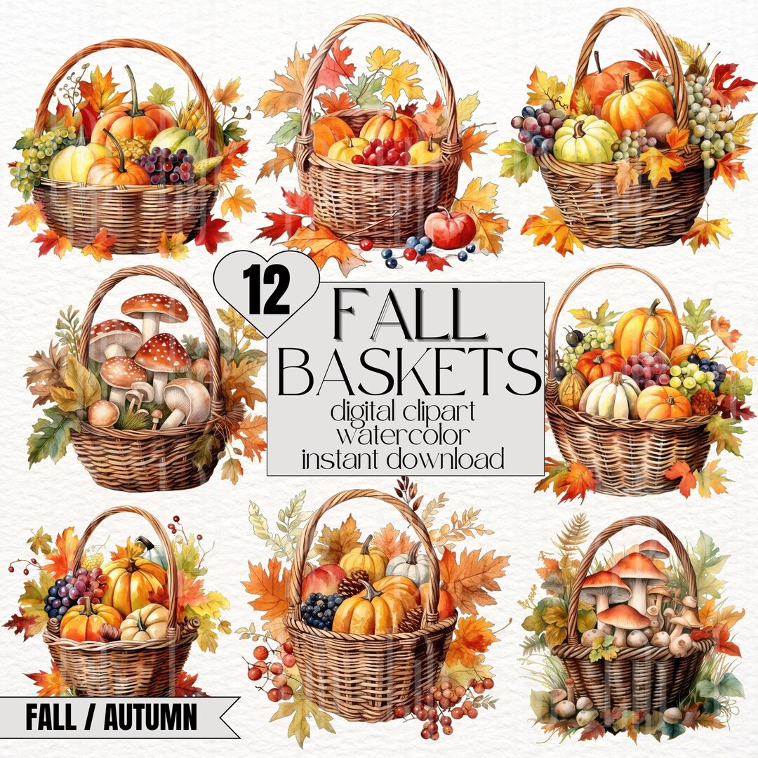 12x Clipart Fall Basket Clipart Autumn Basket Watercolor - Etsy