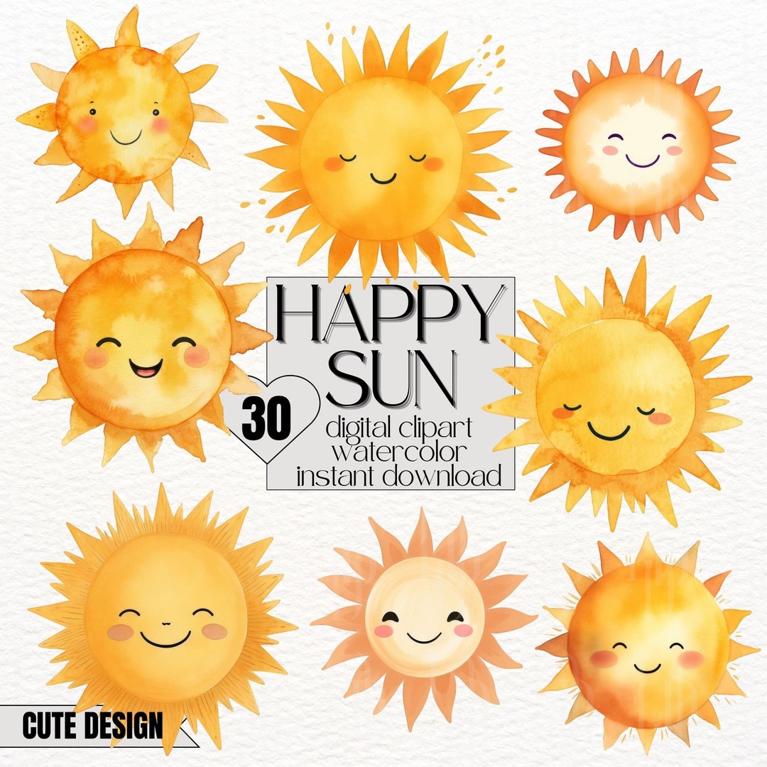 30x Clipart Sun Watercolor Happy Sun Clipart Nursery Sunny Clipart ...
