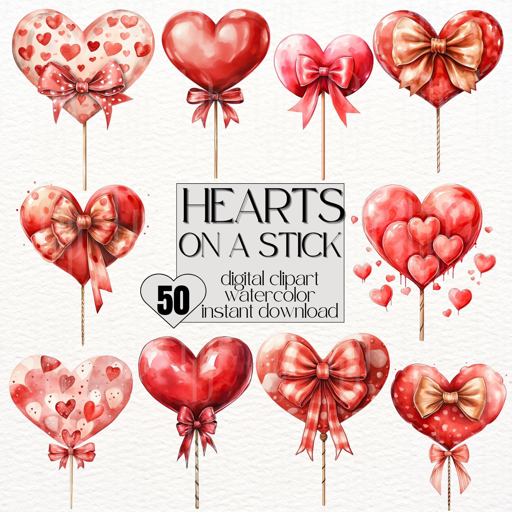 50x Clipart Heart on Stick Clipart Watercolor Heart With Bow Clipart ...