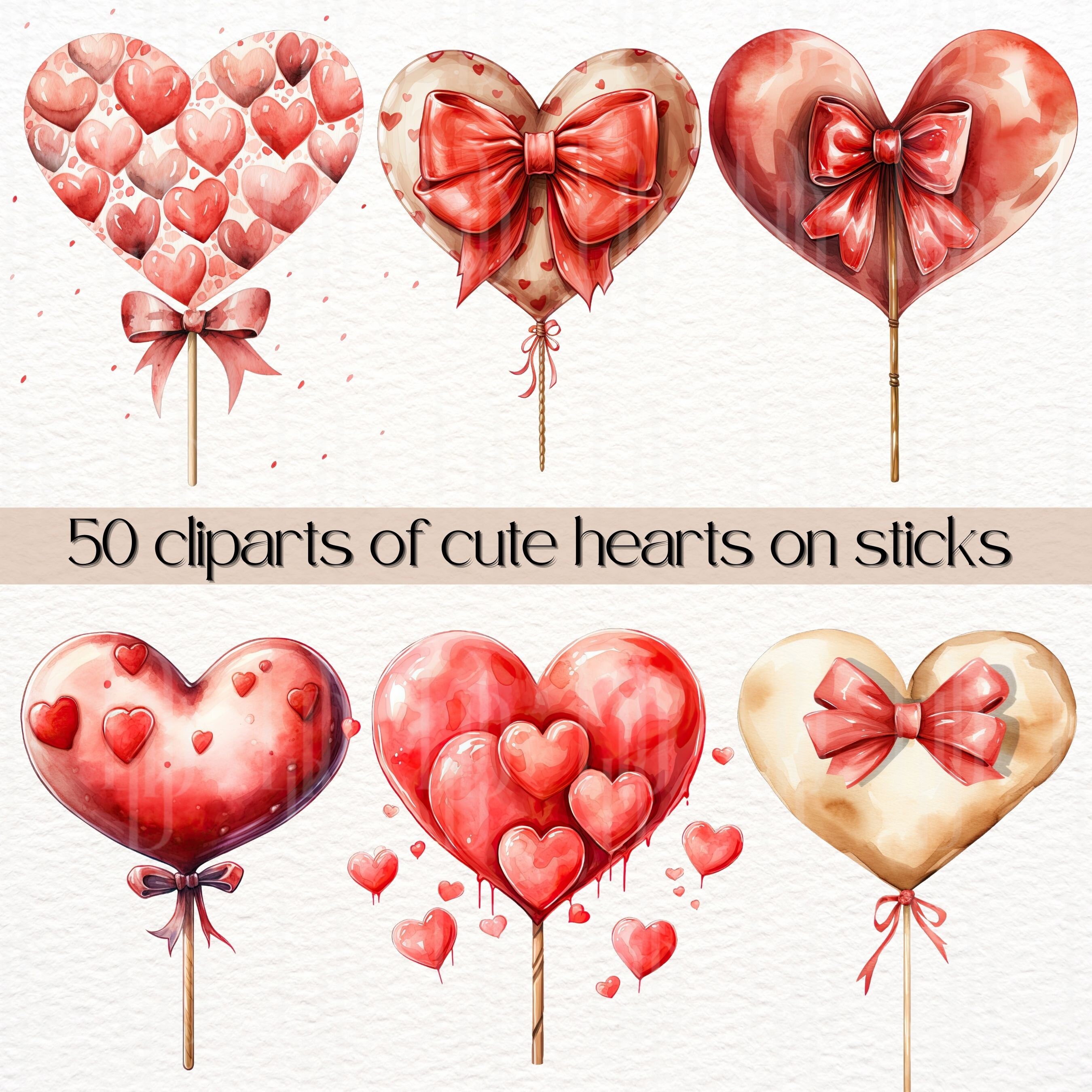 50x Clipart Heart on Stick Clipart Watercolor Heart With Bow Clipart ...