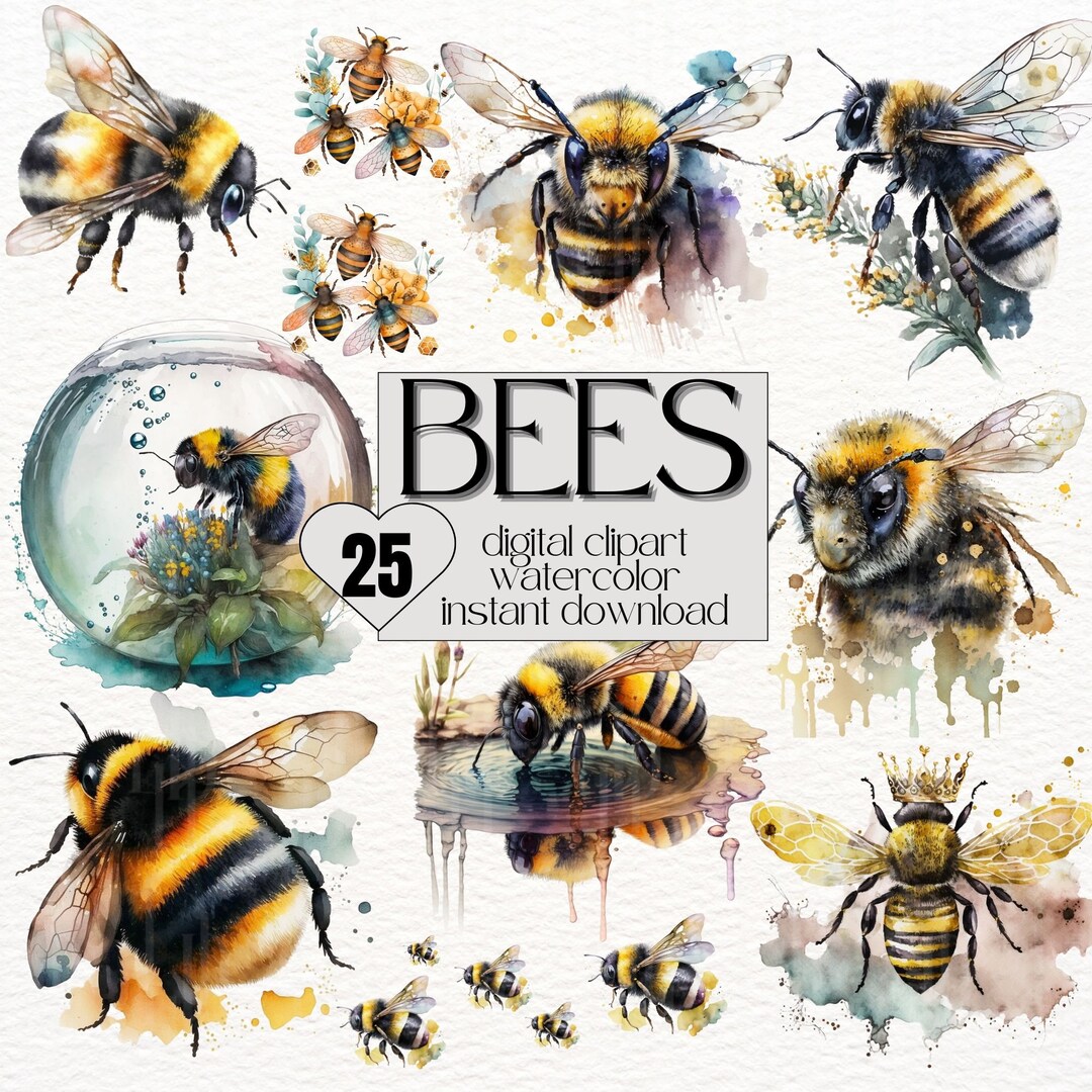 25x Clipart Watercolor Bees Clipart Bumblebee Summer Bee Clipart Honey ...
