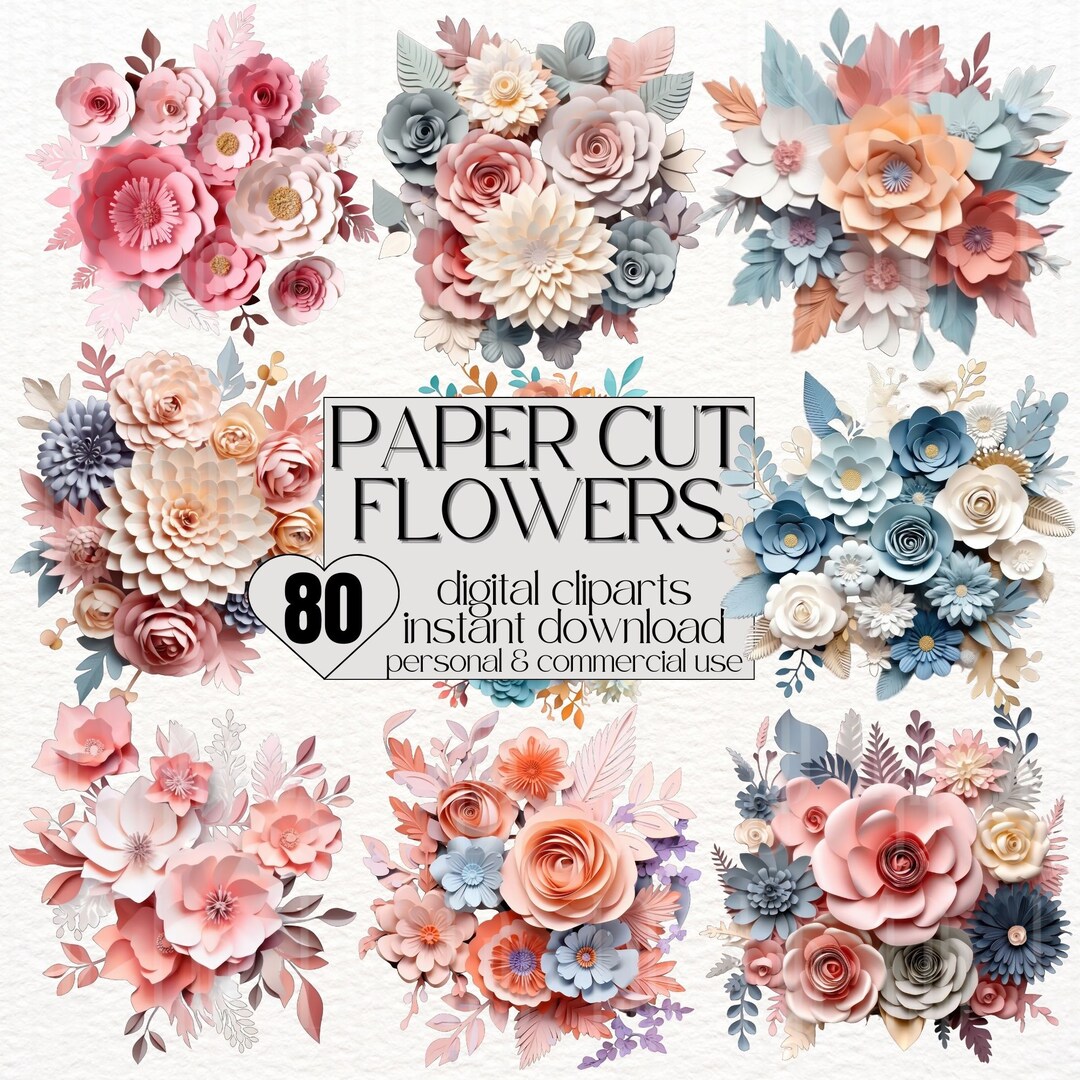80x Clipart Paper Flowers Clipart Paper Cut Flowers Clipart Floral ...