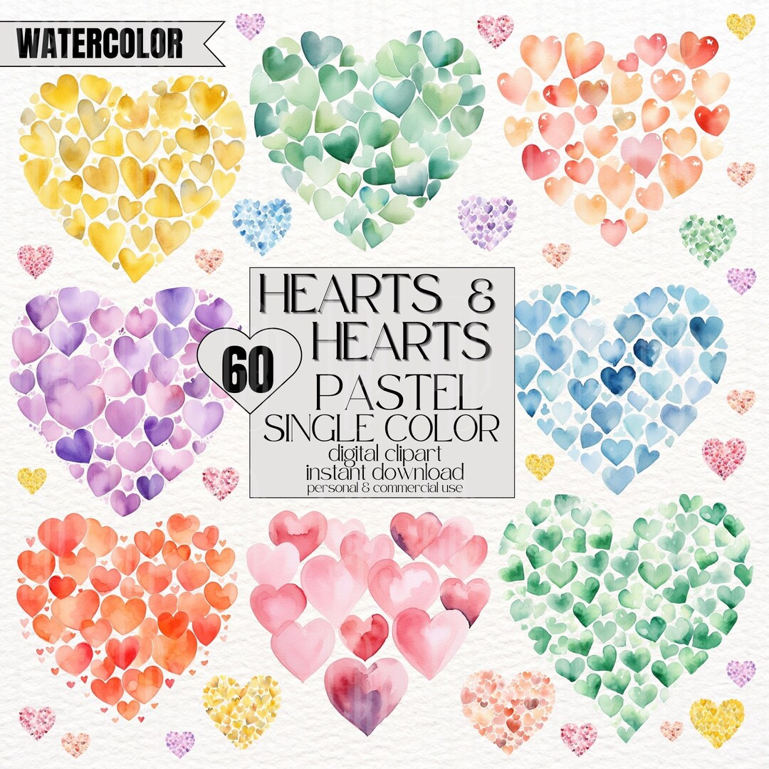 60x Clipart Hearts Pastel Heart Clipart Watercolor Heart Shape Hearts ...