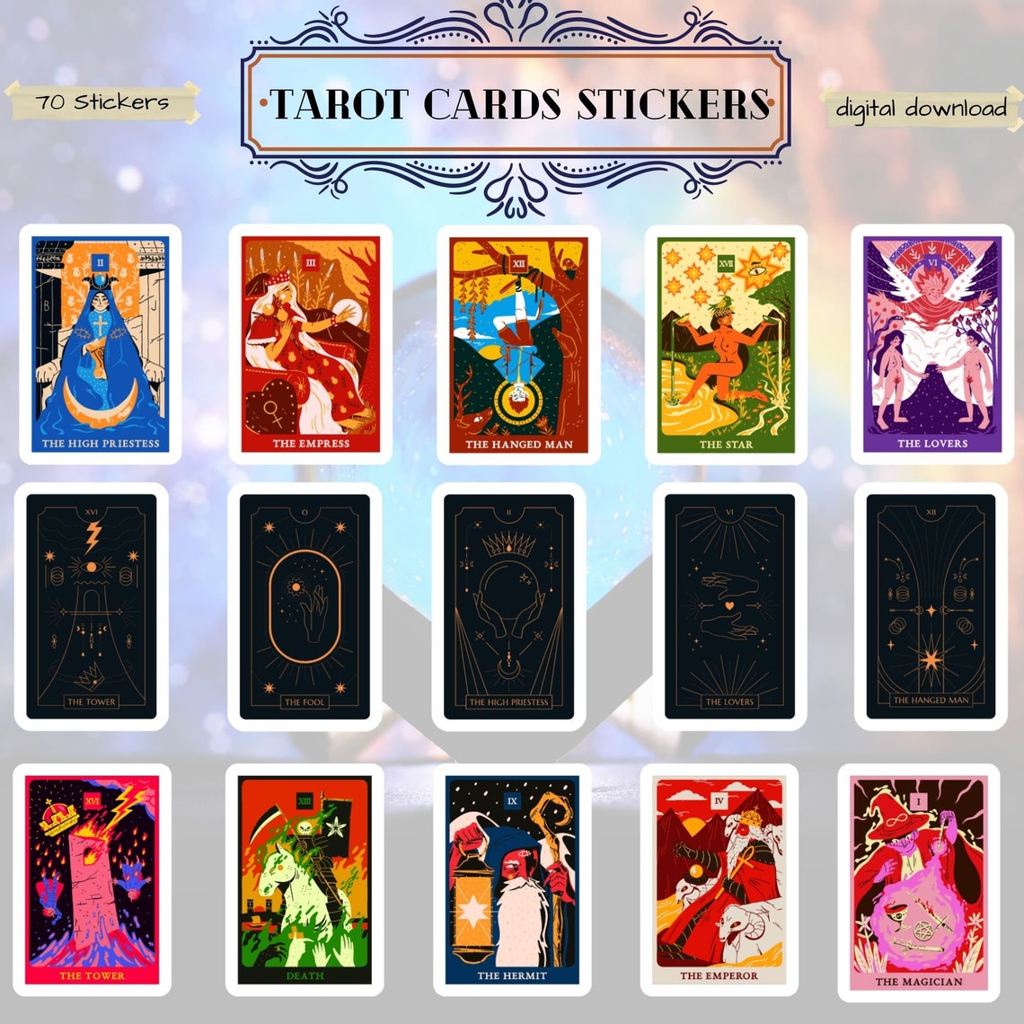 70 Pcs Tarot Card Stickers Pack, Digital Tarot Stickers for Scrapbook ...