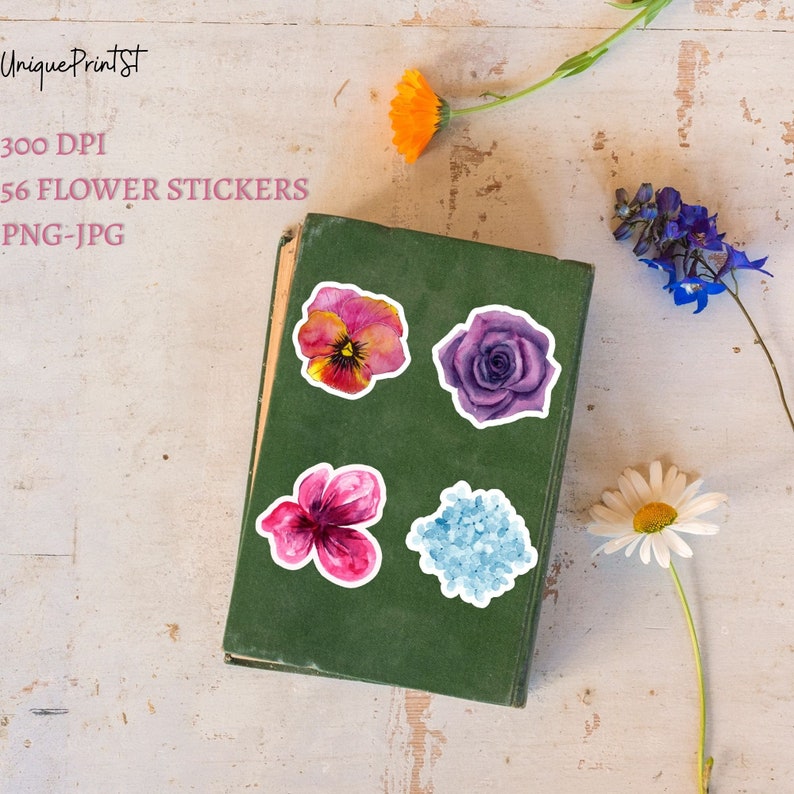 Watercolor Flower Printable Stickers, 56 Flower Sticker Designs Bundle ...