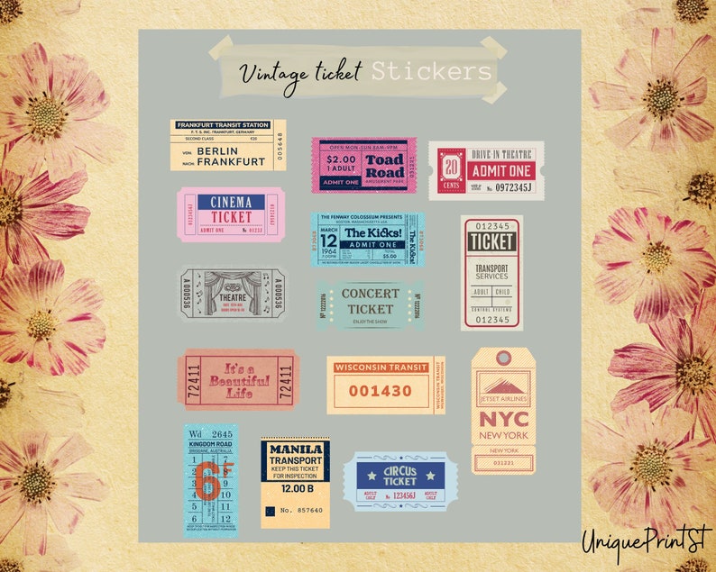 Vintage Ticket Ephemera, 34 Printable Vintage Digital Ticket Stickers ...