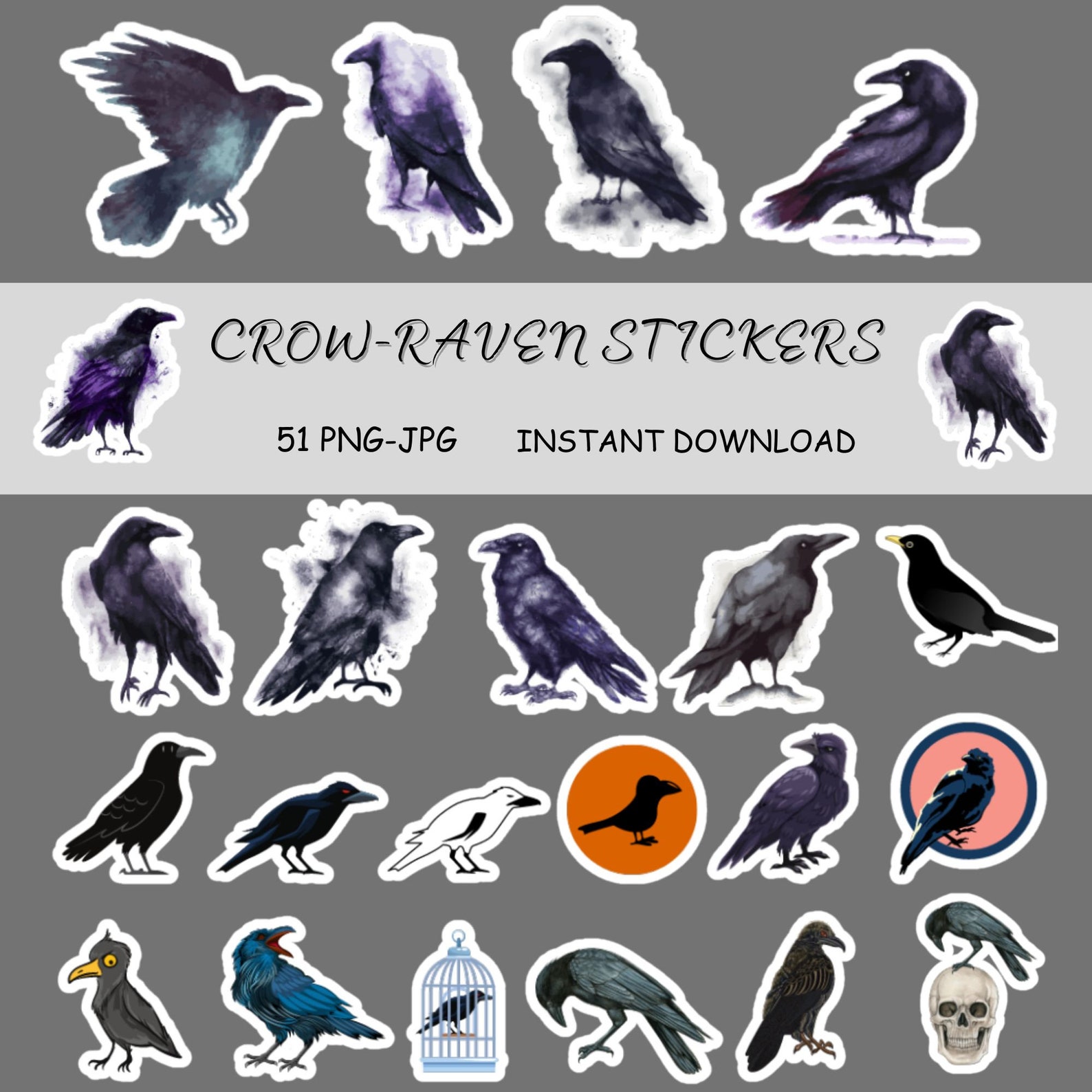 Crow/raven Printable Stickers, 51 Gothic Raven Stickers for Laptop ...