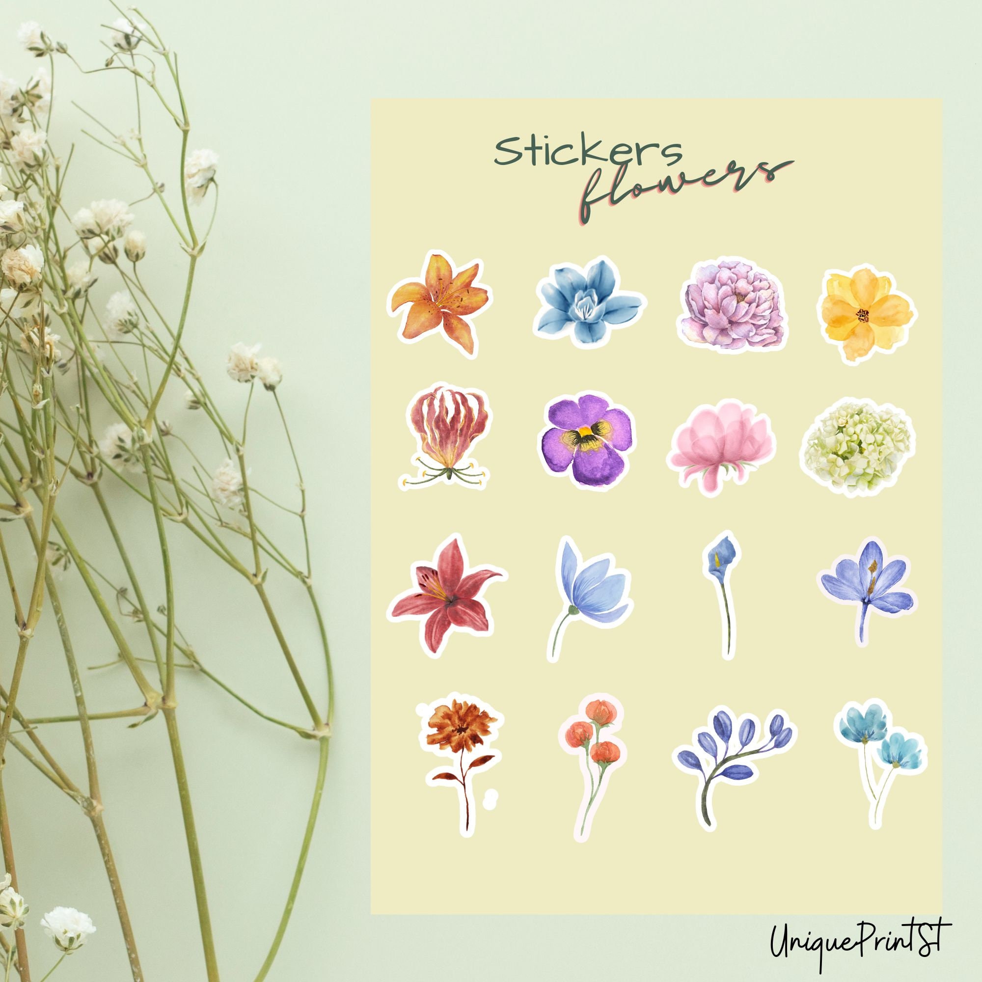 Watercolor Flower Printable Stickers, 56 Flower Sticker Designs Bundle ...
