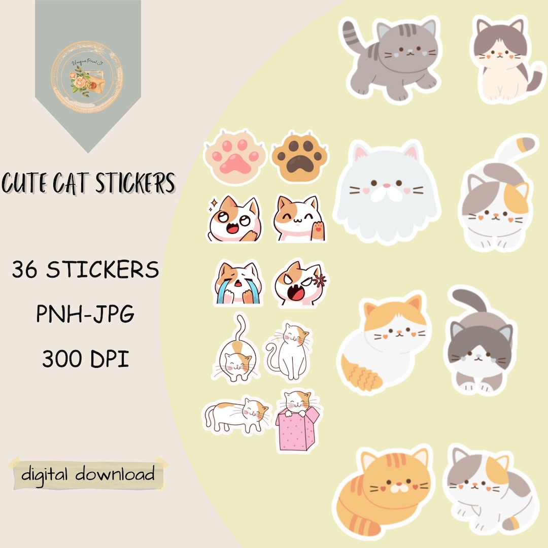 Cute Cat Clipart, Cute Cat Stickers, Funny Cat Clip Art, 36 Cat Sticker ...