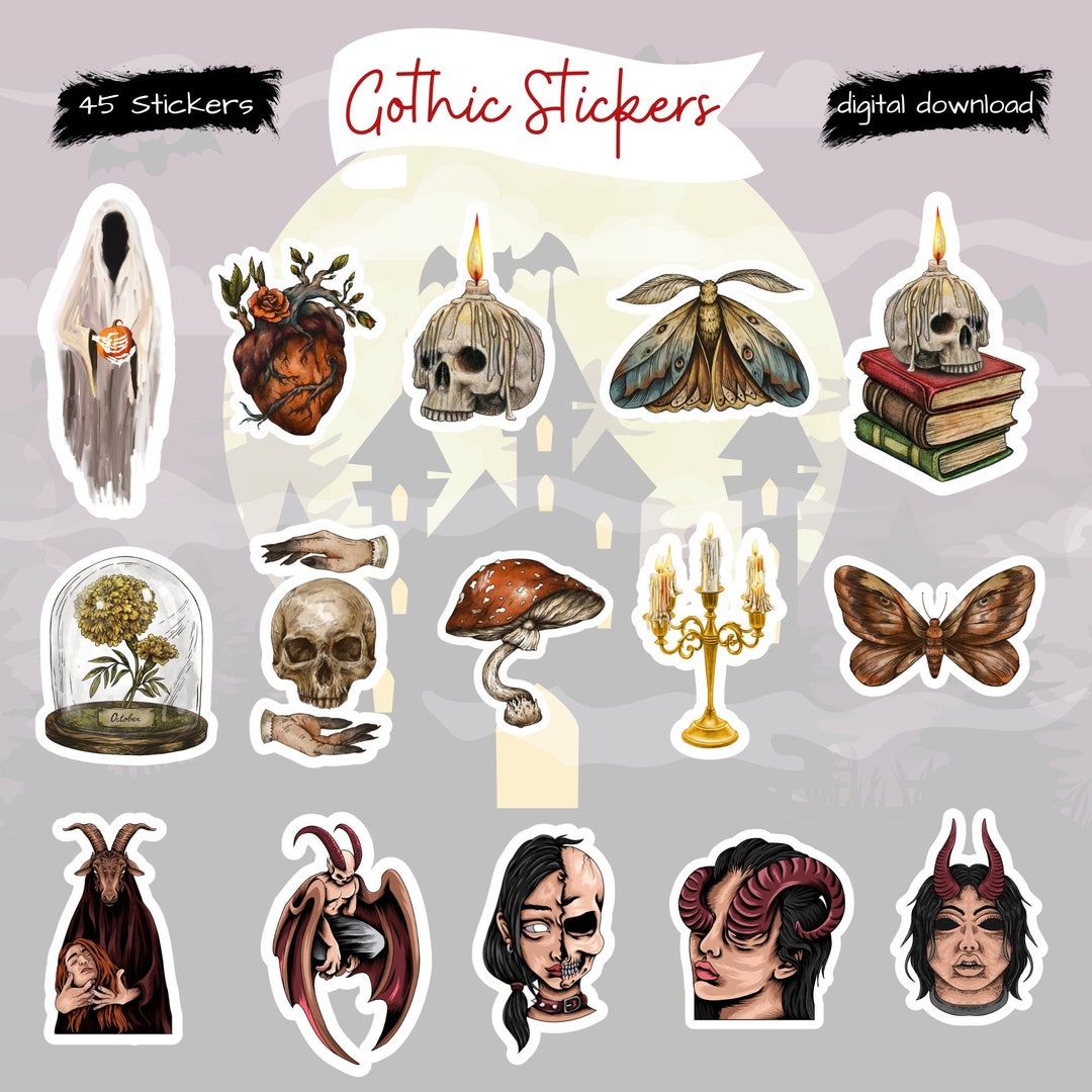 45 Pcs Gothic Stickers-part 1, Skull Printable Stickers, Cool Gothic ...
