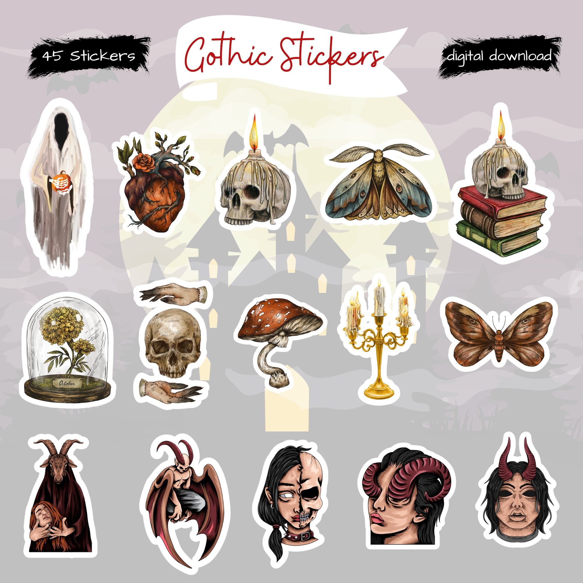 45 Pcs Gothic Stickers-part 1, Skull Printable Stickers, Cool Gothic ...
